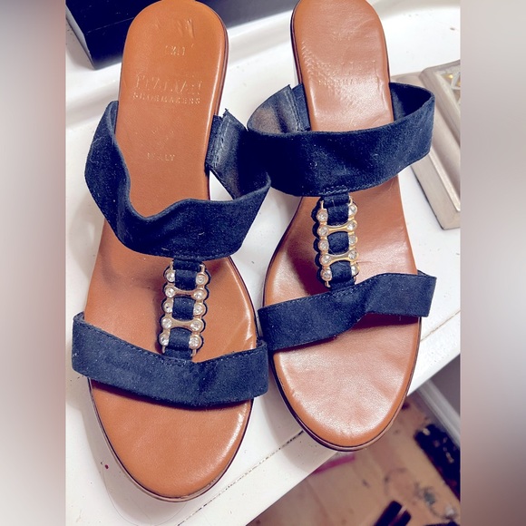 Shoes | Italian Made Blue Suede Wedge Sandals Rhinestones And Gold ...
